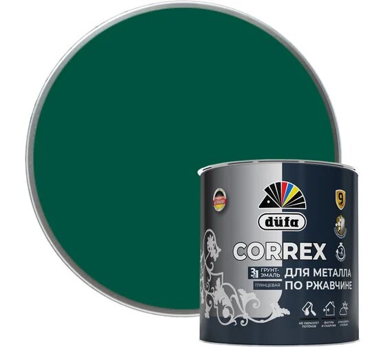 Dufa Грунт-эмаль по ржавчине гладкая Correx 3 в 1 RAL-6005 зеленый мох 2 л