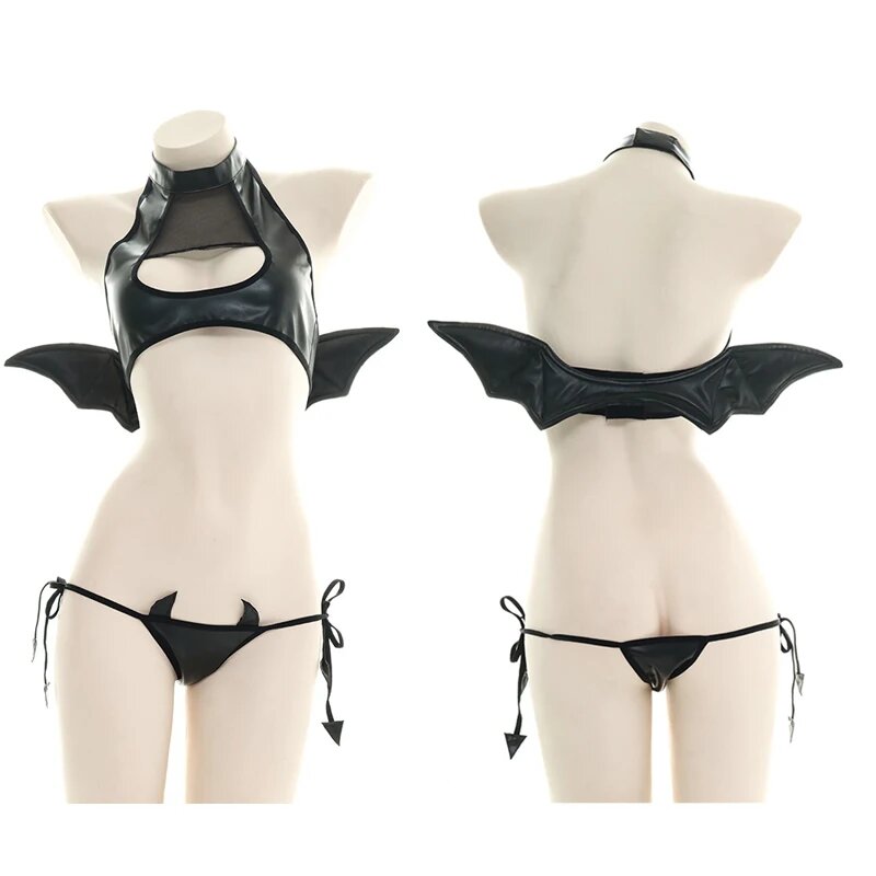Японские Женские костюмы для косплея дьявола, сексуальный ажурный комплект бикини с крыльями в стиле панк, Лолита, аниме, нижнее белье аниме