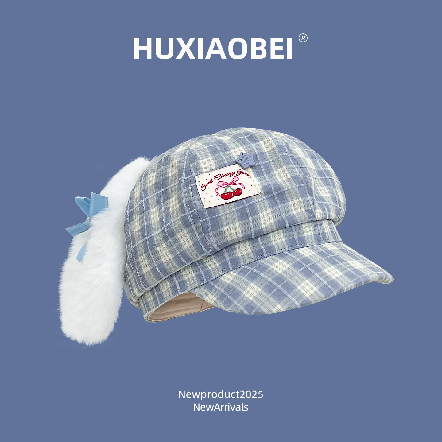 Новая милая плюшевая восьмиугольная шляпа в клетку с бантиком и заячьими ушками для женщин, универсальный весенне-летний солнцезащитный берет для путешествий, трендовый тренд