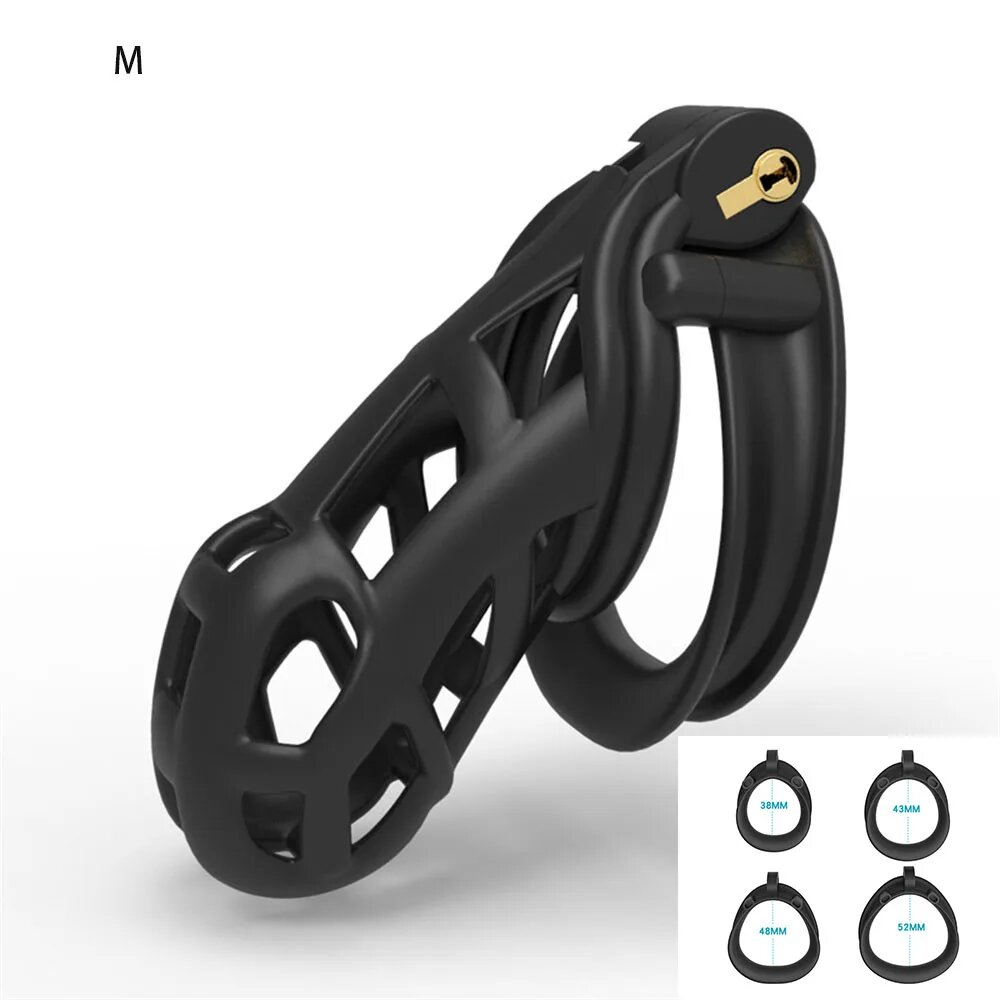 Мужская клетка целомудрия с 4-размерными полимерными кольцами для пениса, сдержанные устройства для клетки для члена Sissy Femboy, товары для мужчин и взрослых M