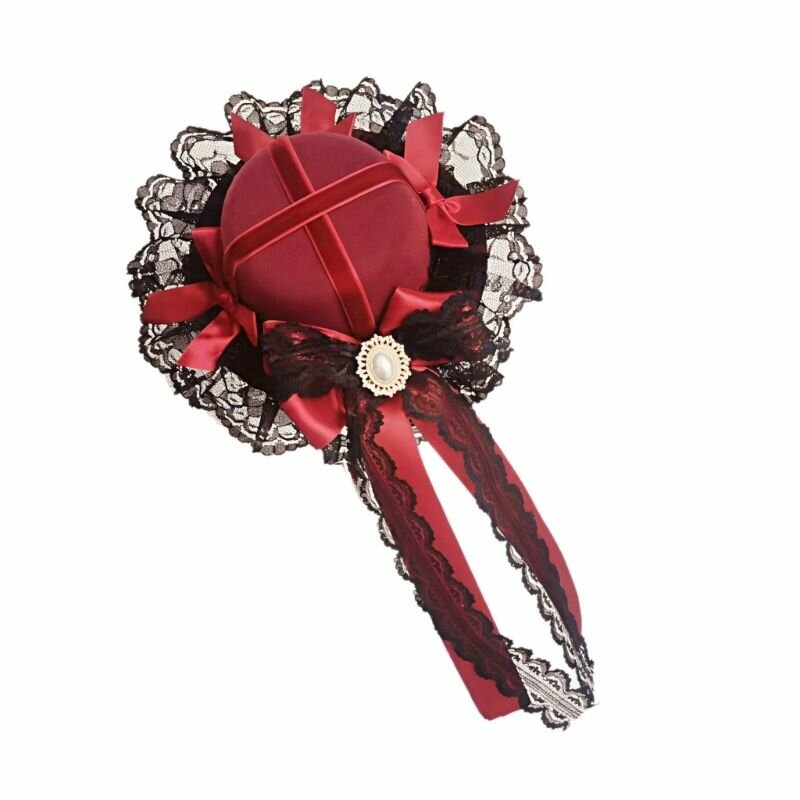 Маленький головной убор из кружевного цилиндра с перекрестной розой-Красная лента