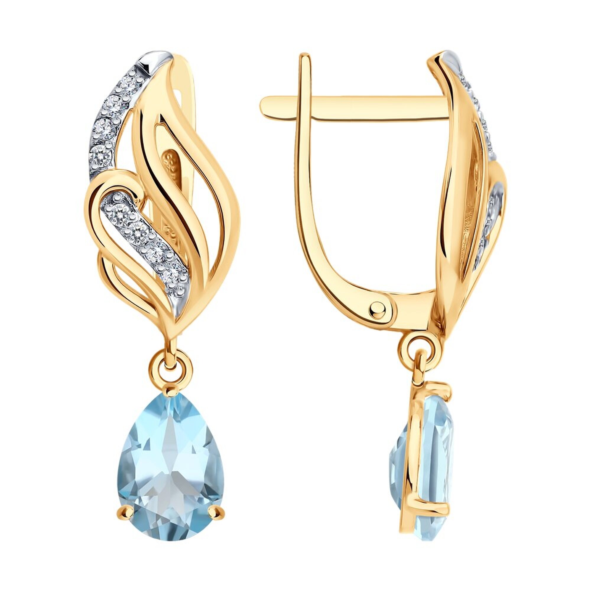 Серьги, красное золото, 585 проба, фианит, топаз