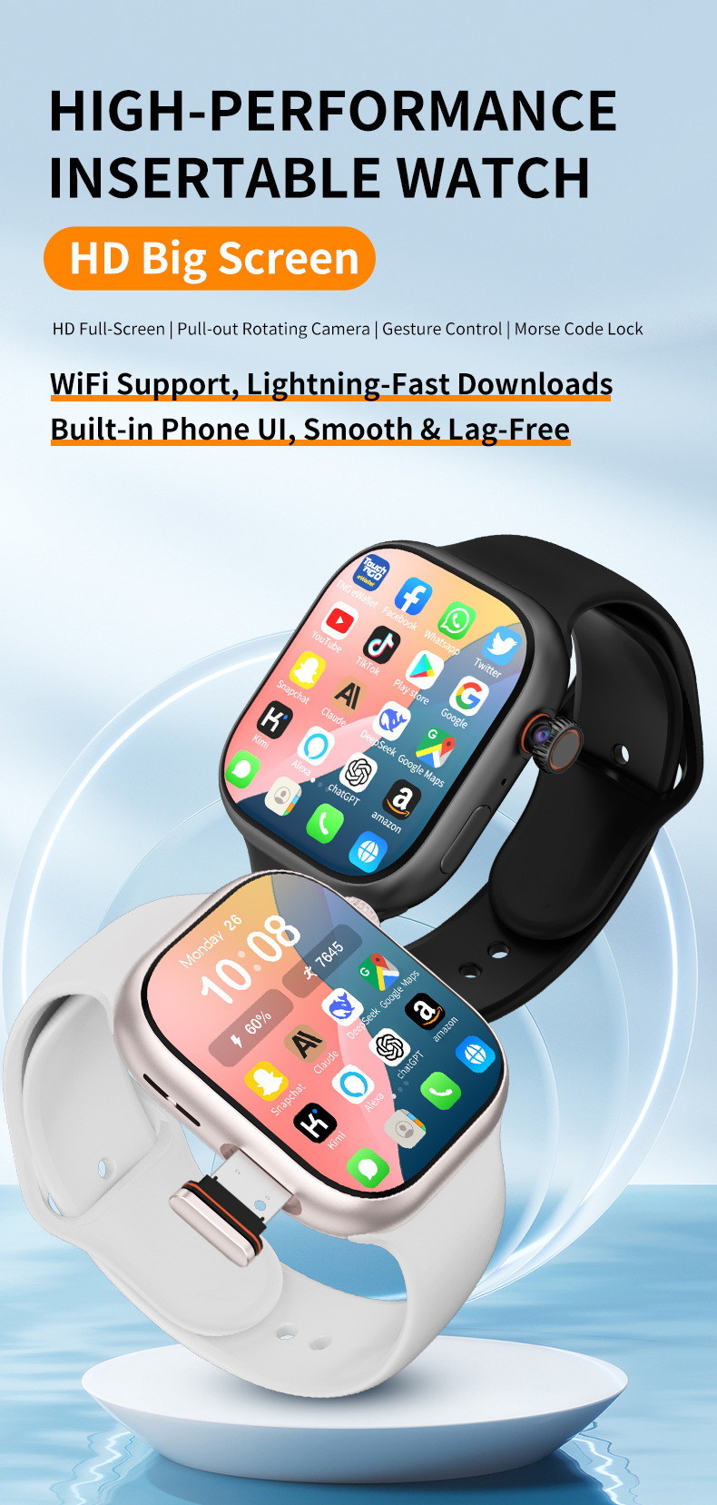 Смарт часы, сим карта, вращающаяся камера, WIFI GPS, любая загрузка