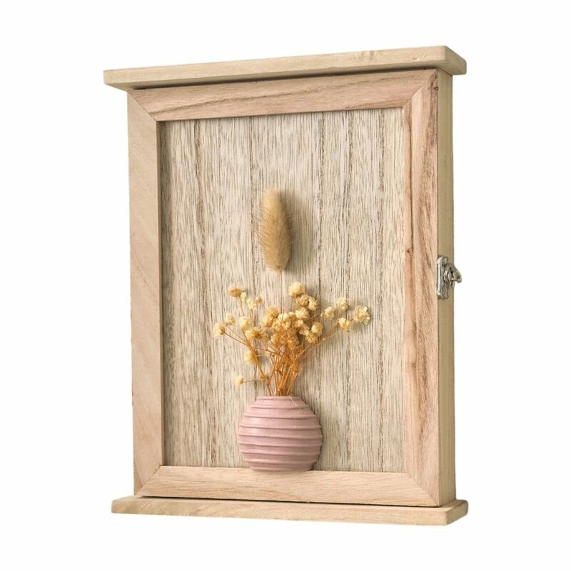 (1 шт.) Деревянная коробка для ключей на 6 отделений с ручкой - розовая, с рисунком вазы