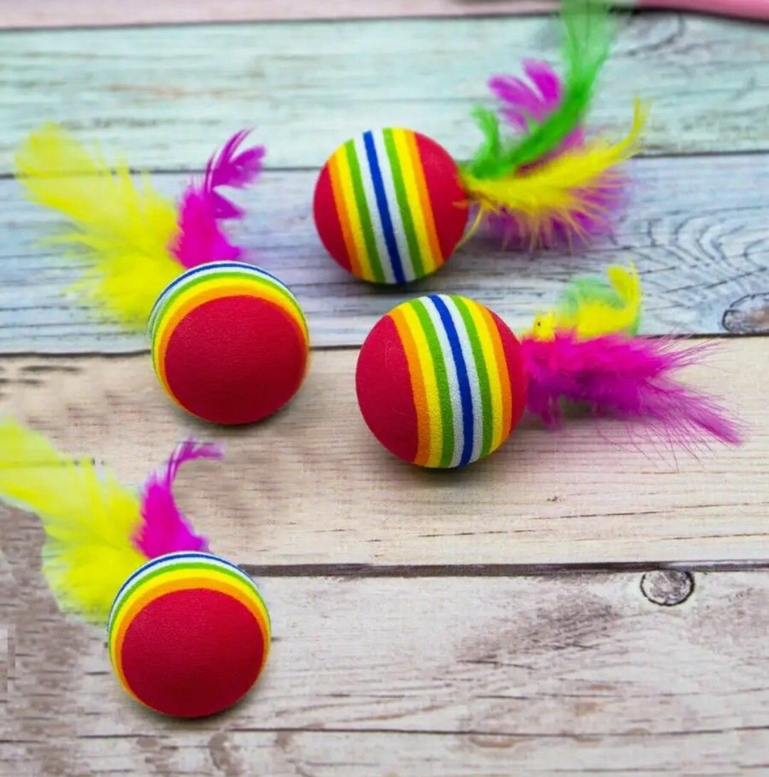 Мяч с перьями диаметр 3,5 см, набор из 4-х штук; Игрушка для кошек, Радужный мяч с перьями