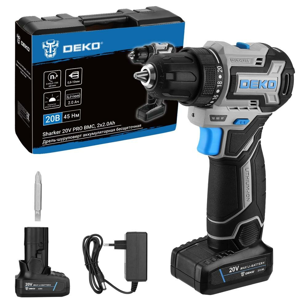 Дрель-шуруповерт аккумуляторная бесщеточная компактная DEKO Sharker 20V PRO в кейсе 20В 2x2Ач 45Нм 084-1035