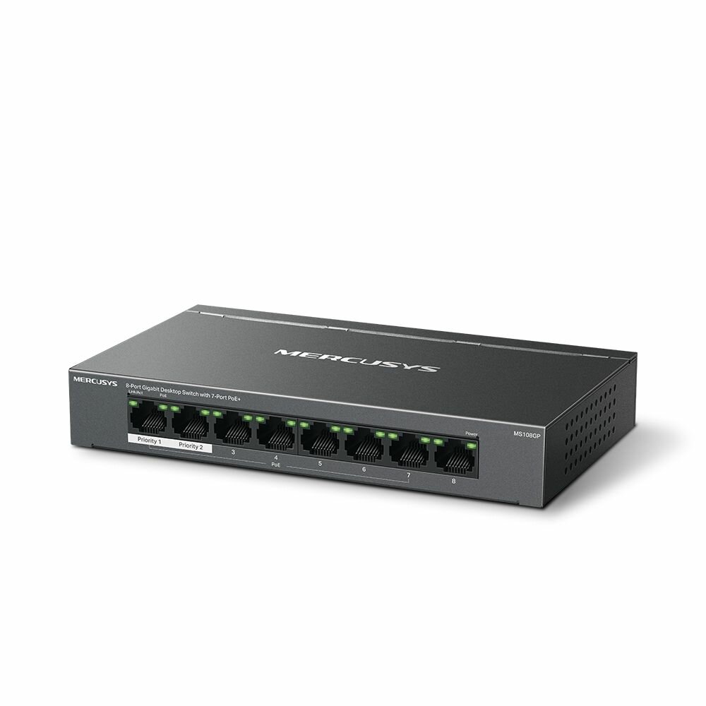 Коммутатор Mercusys MS108GP неуправляемый, 8xRJ45 1Гбит/с (7 портов PoE+)