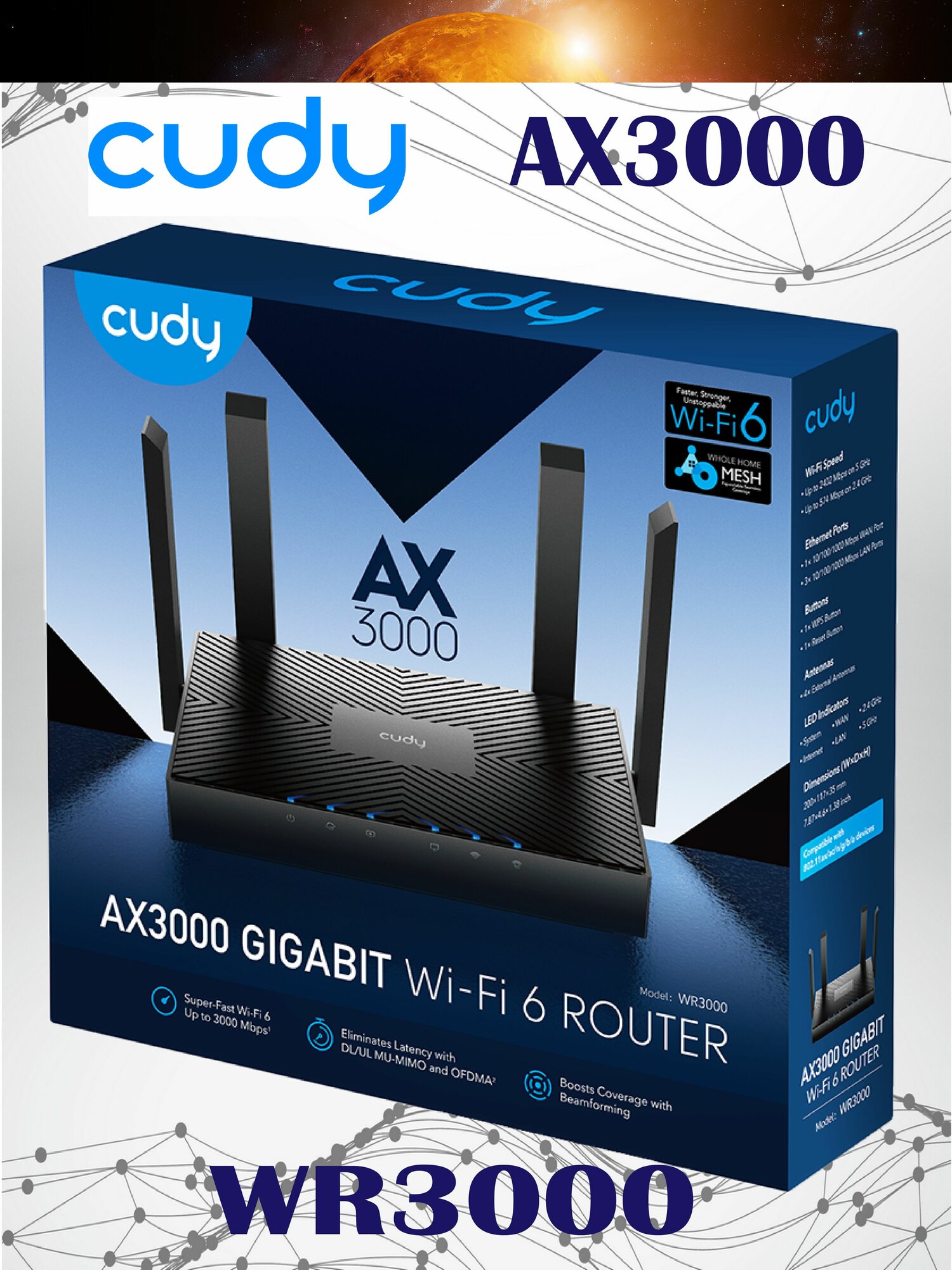 Роутер Wi-Fi Cudy AX3000, WR3000, Wi-Fi 6, черный