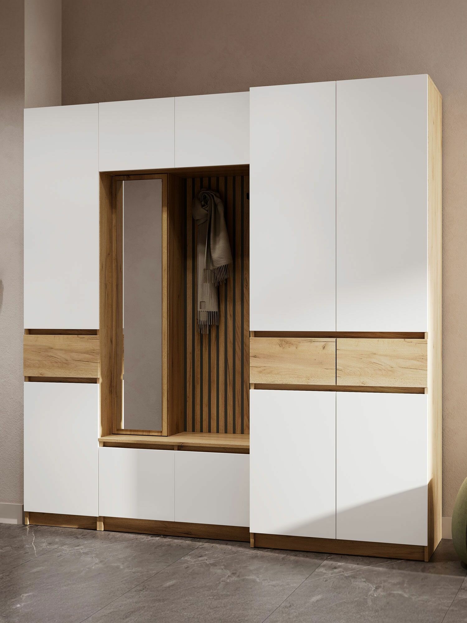 Прихожая комплект Бостон Лайт Макси с вешалкой, со шкафом, с зеркалом, с обувницей, 200х51х210 см, Дуб Крафт золотой / Белый