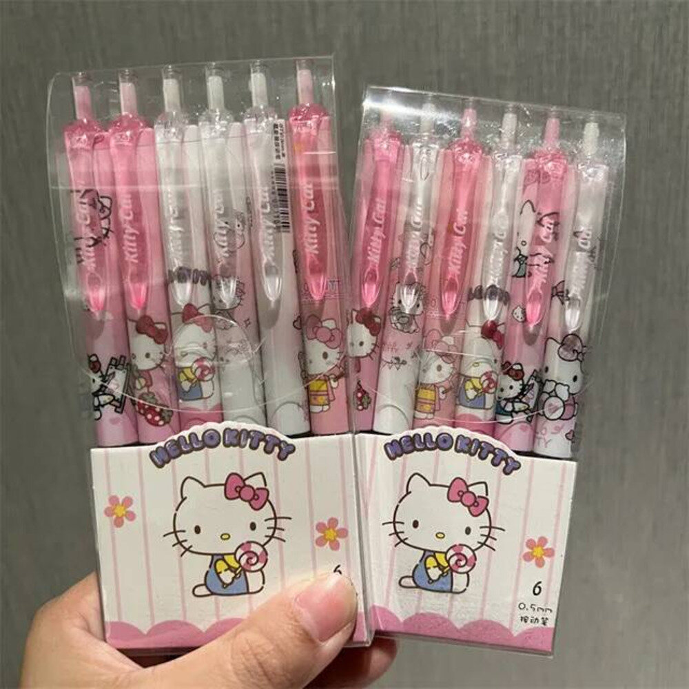 Набор гелевых ручек Sanrio Hello Kitty (6 шт, стержень 0,55 мм), ручки Y2k Cinnamoroll Kuromi Melody Cartoon Press Pen, черные, канцелярские принадлежности.
