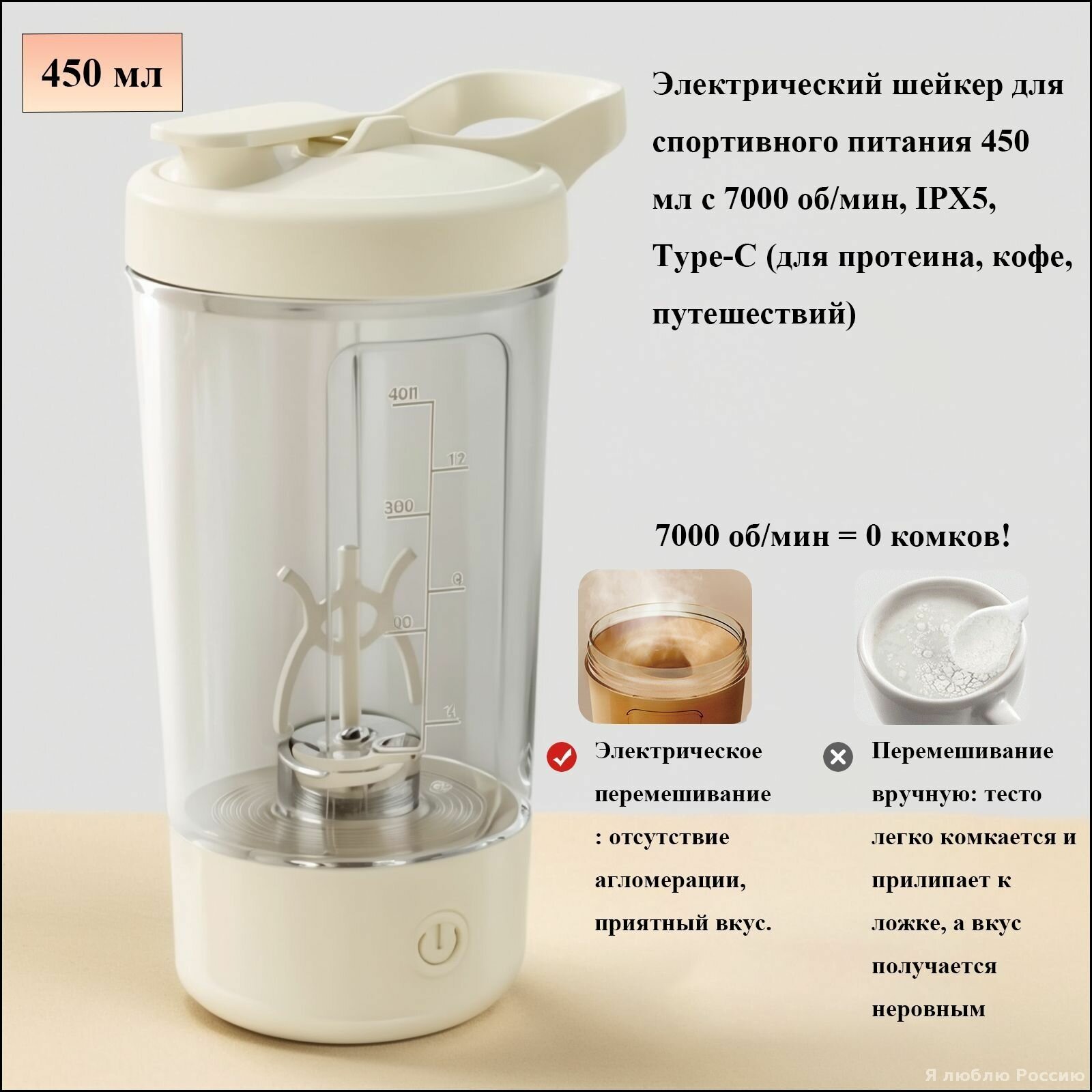 Эксклюзивный шейкер электрический 450 мл, 7000 об/мин, для кофе и протеина, с защитой IPX5 и разъемом TypeC, удобный в путешествиях