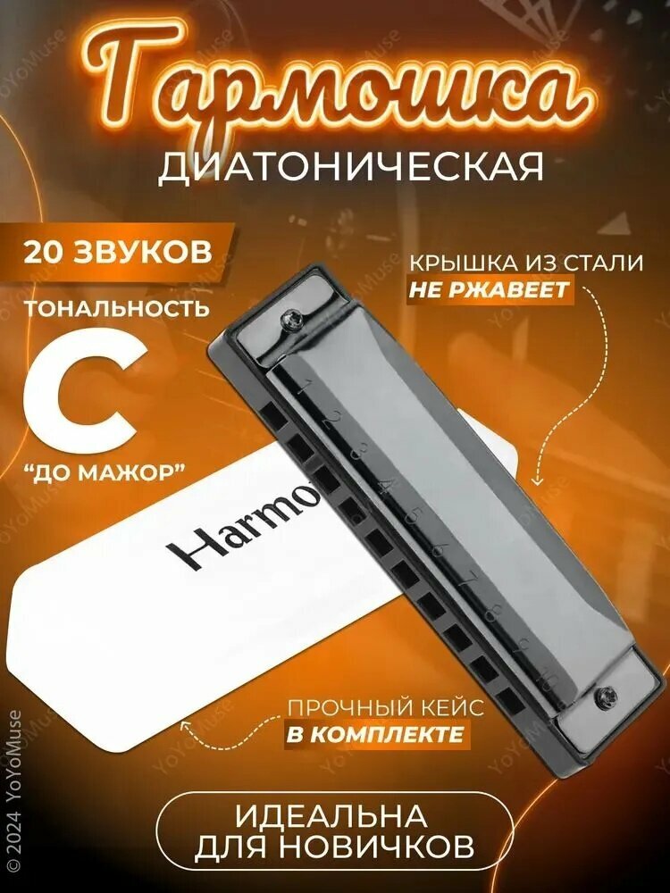 Губная гармошка диатоническая, 20 отверстий, тональность C, для взрослых и детей