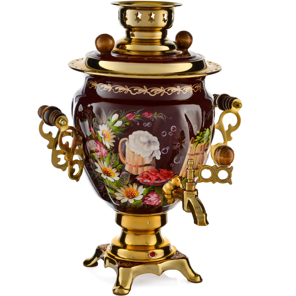 Самовар электрический 3 литра с автоотключением, художественной росписью «Баня» формы «Жёлудь»