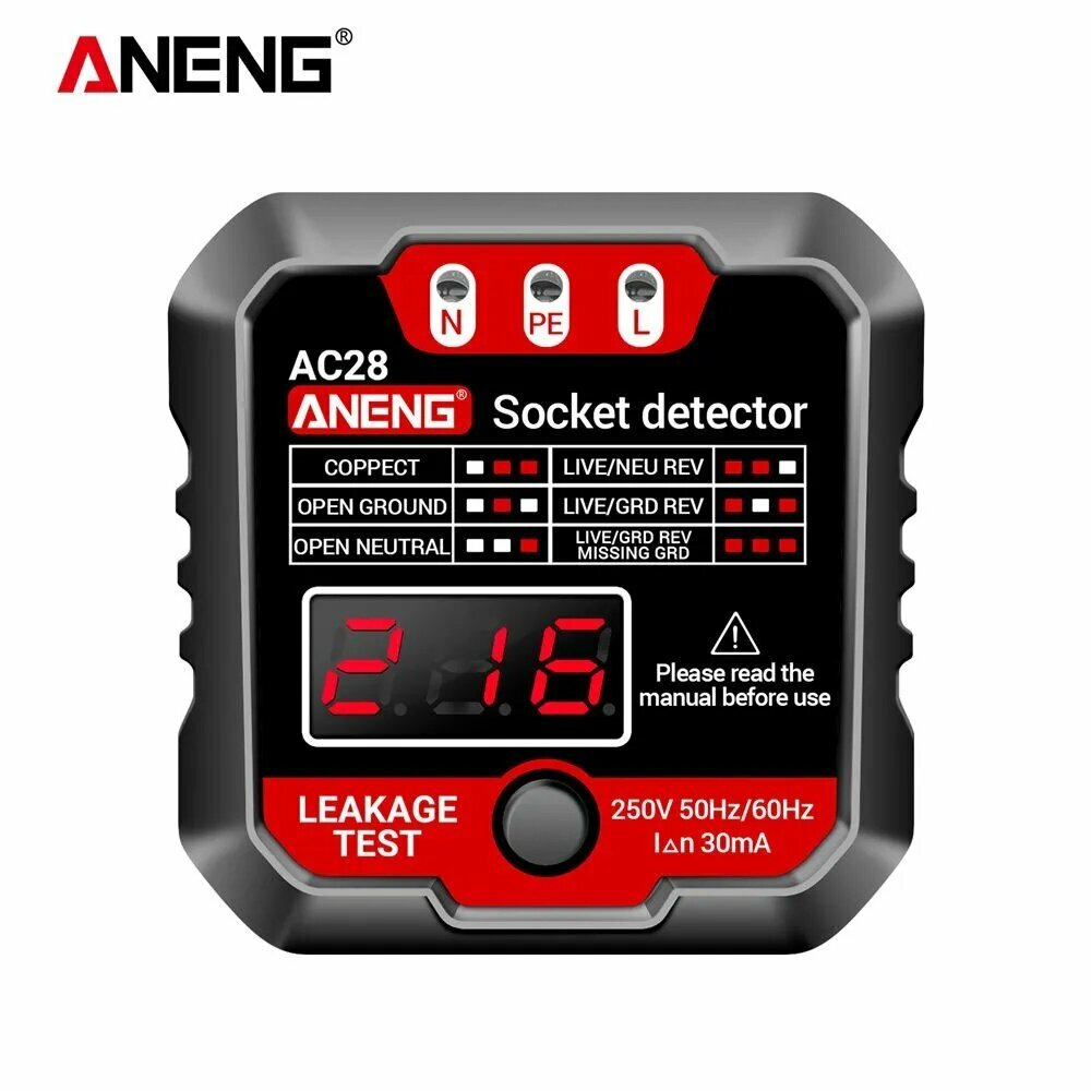Цифровой тестер розеток ANENG AC28 для проверки фазы и напряжения, 250 В, 50/60 Гц, ЖК-дисплей