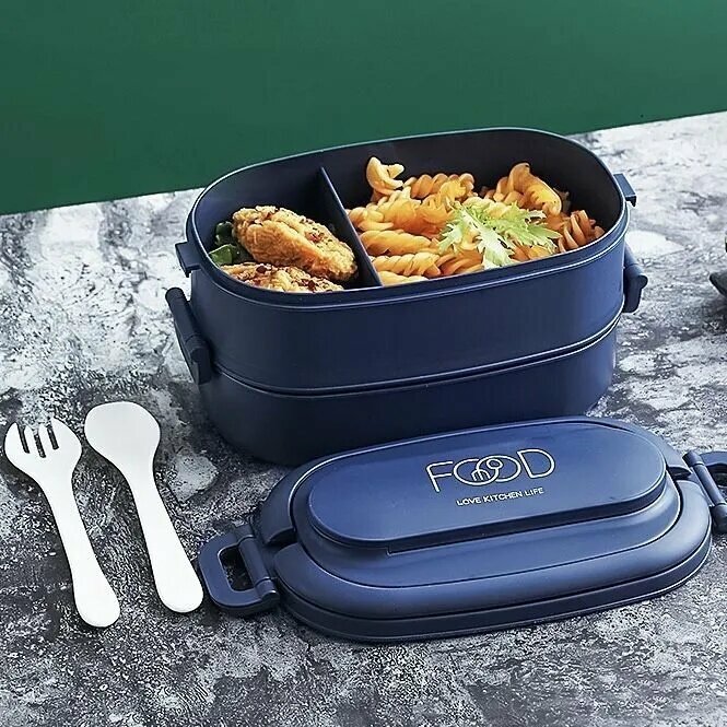 Ланч-бокс для еды синий c термосумкой для школы герметичный с приборами вилка ложка Термосумка для ланч бокса двухуровневый lunch box 1550 мл