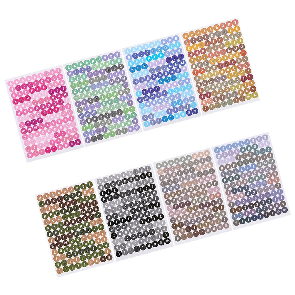 1 набор из 8 листов, наклеек с буквами, маленьких наклеек с цифрами в виде точек