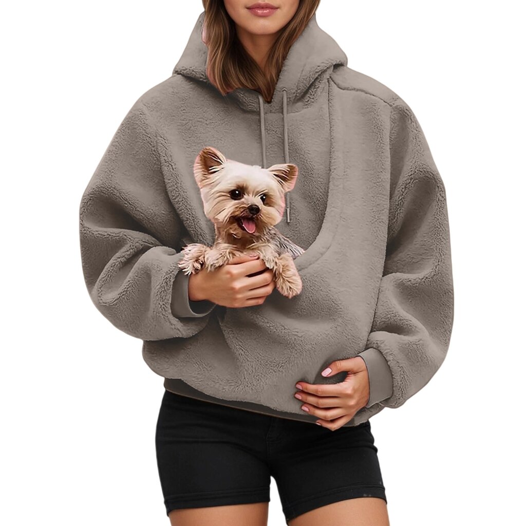 Женская толстовка с капюшоном для домашних животных, шерстяная толстовка (с кошачьими карманами), толстовка с длинными рукавами для кошек и собак-Хаки-M