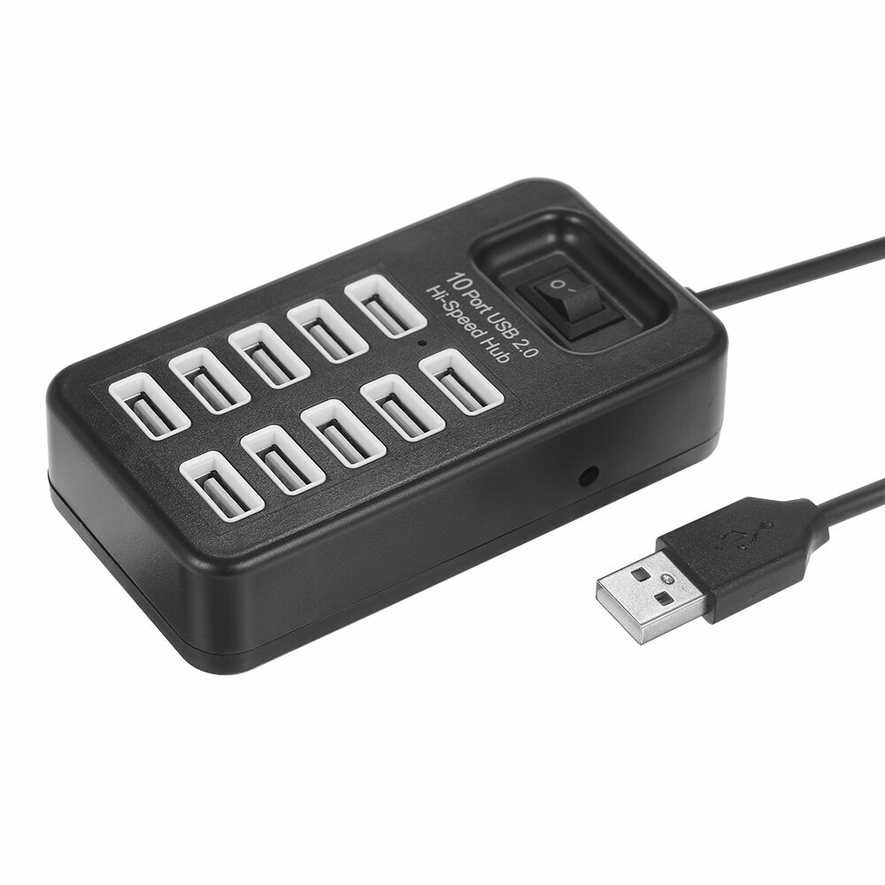 10 Port USB 2.0 Hi-speed Hub 480Mbps Transmission Speed One-key Control Black Simultaneous Use Fast Transfer of Large Files