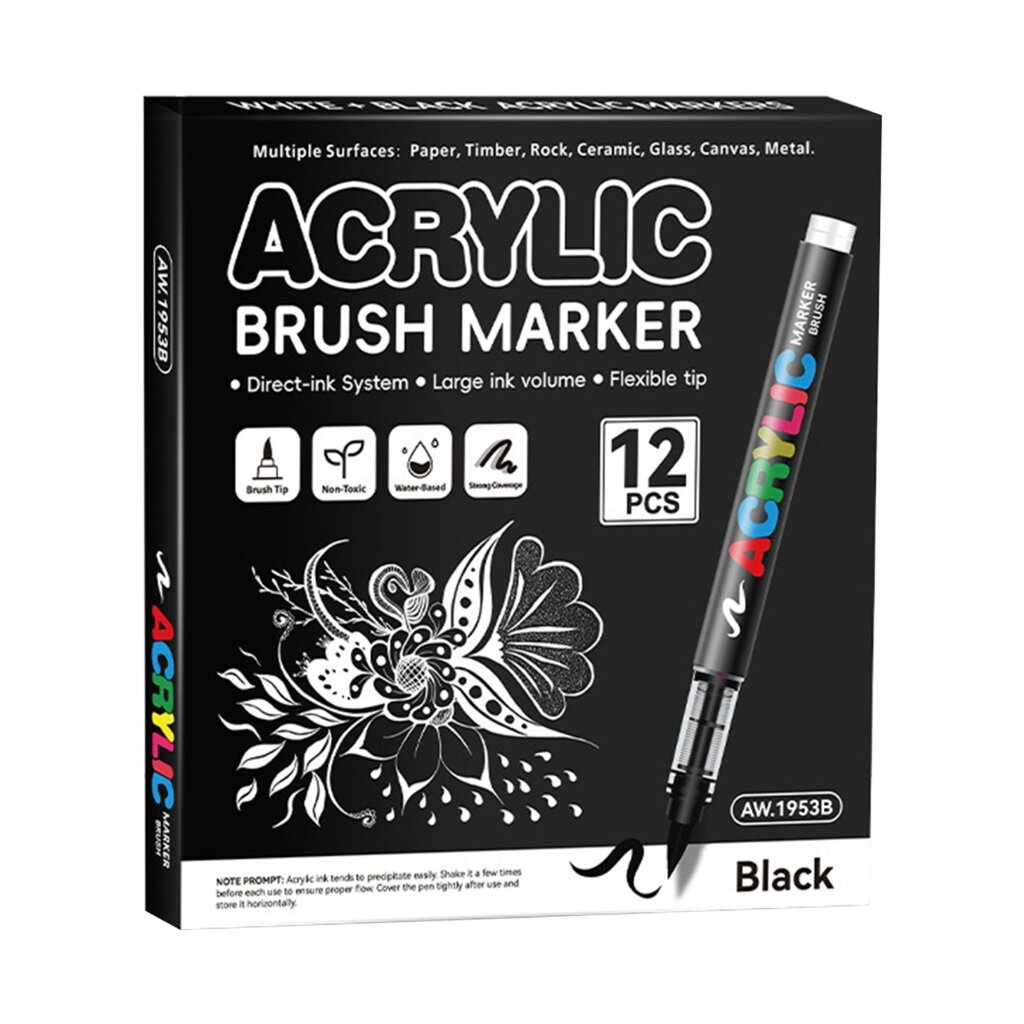 12шт Жидкий акриловый маркер Белая / черная кисточка, акриловая ручка для рисования на бумаге, дереве, стекле, ткани, Металле, камне