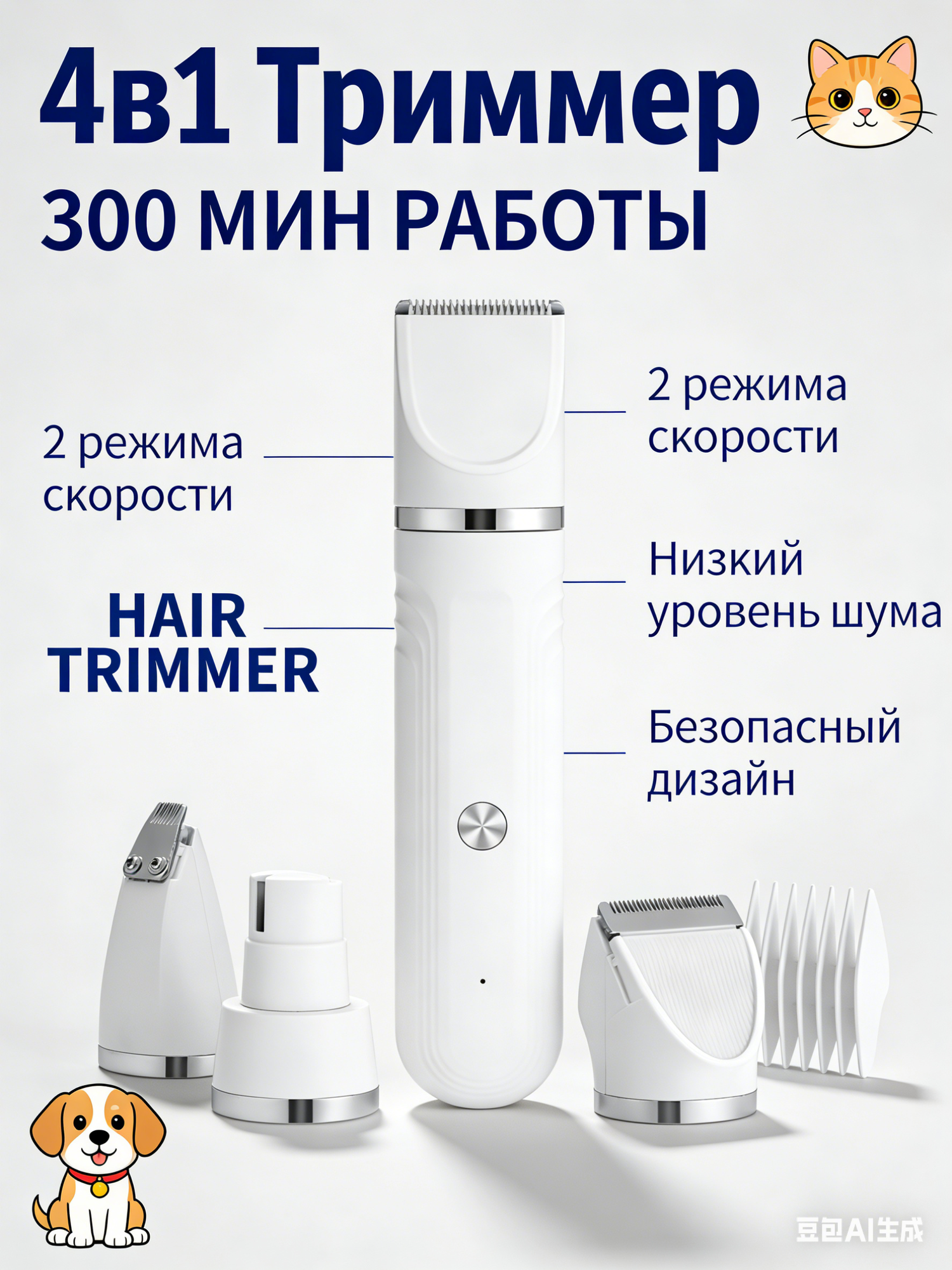 Машинка для стрижки собак и кошек Булка беспроводная профессиональная