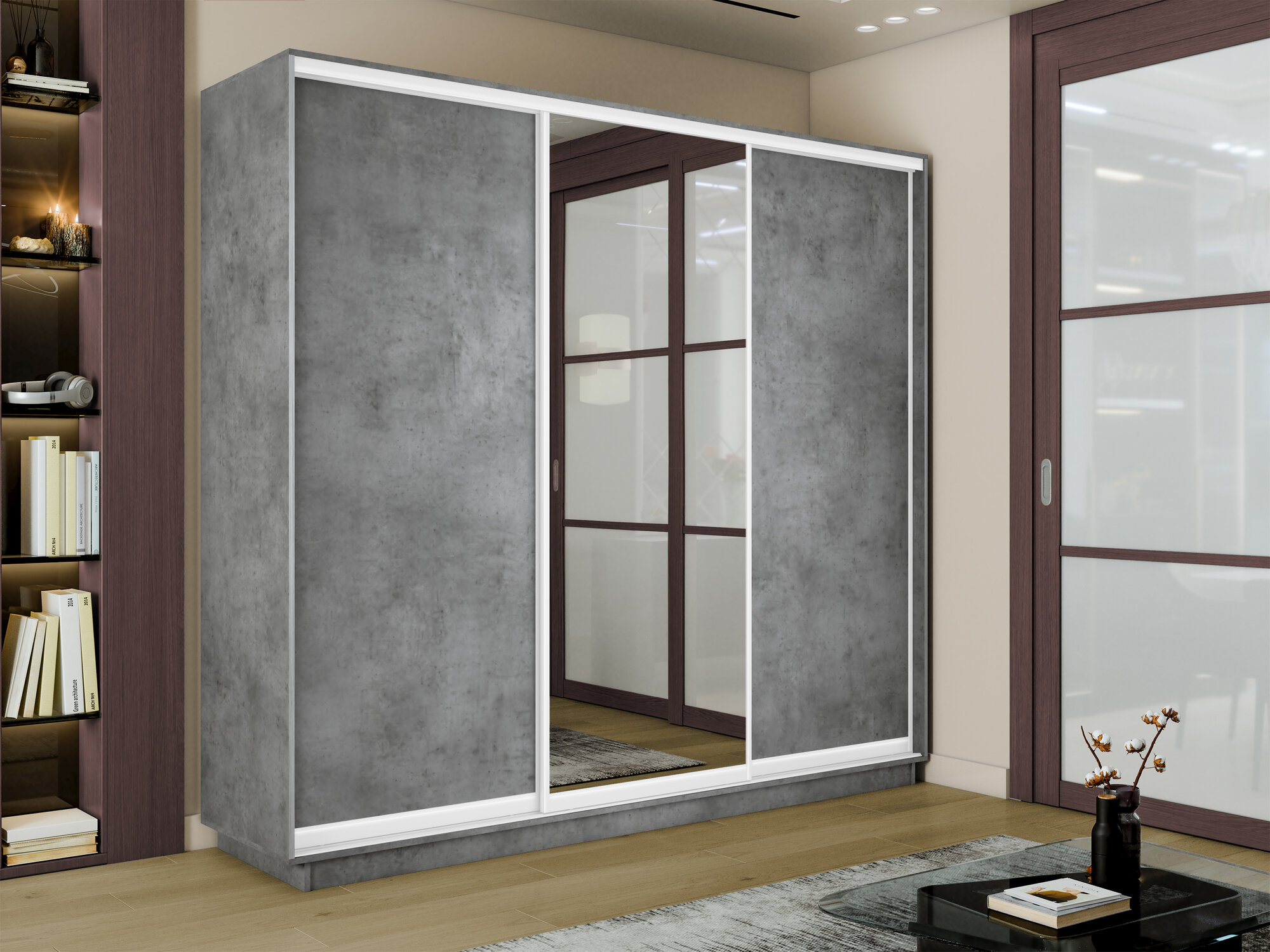 Шкаф купе Вилли 3-х дверный ЛДСП с зеркалом, профиль белый 210 см х 220 см х 45 см (Бетон)