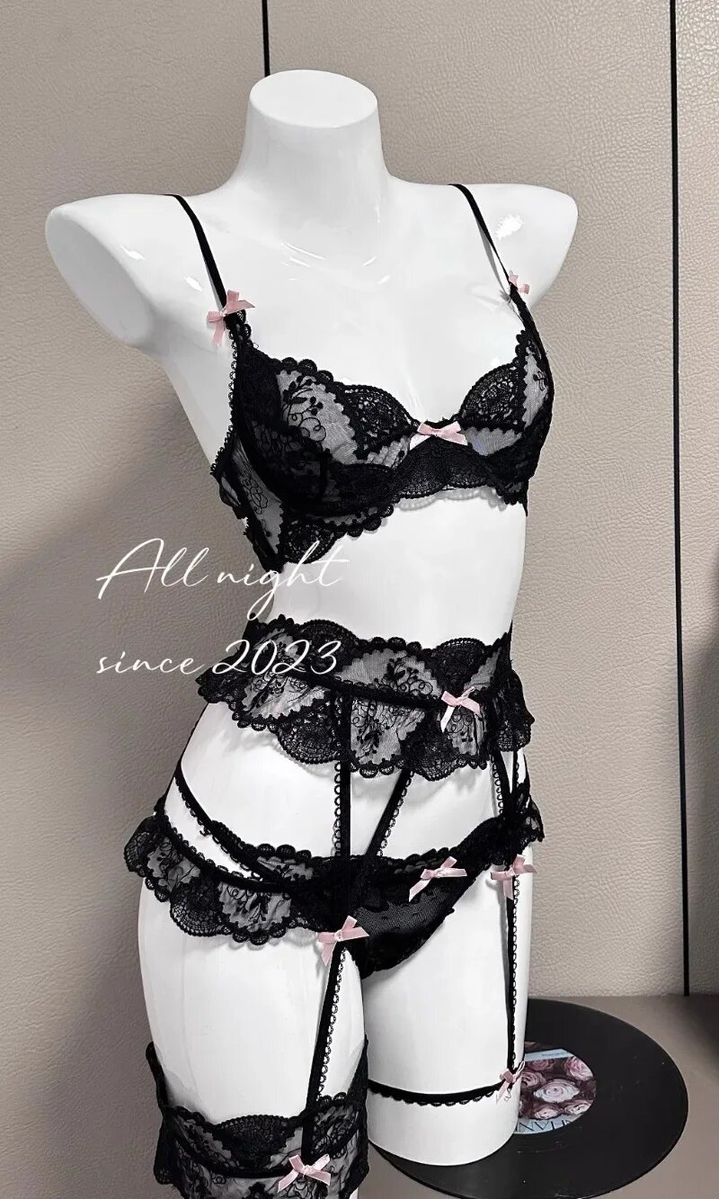 Милое женское нижнее белье, сексуальные экзотические комплекты, комплект нижнего белья с кружевной вышивкой, бюстгальтер пуш-ап с маленькой грудью и трусики с подвязками Черный, черный