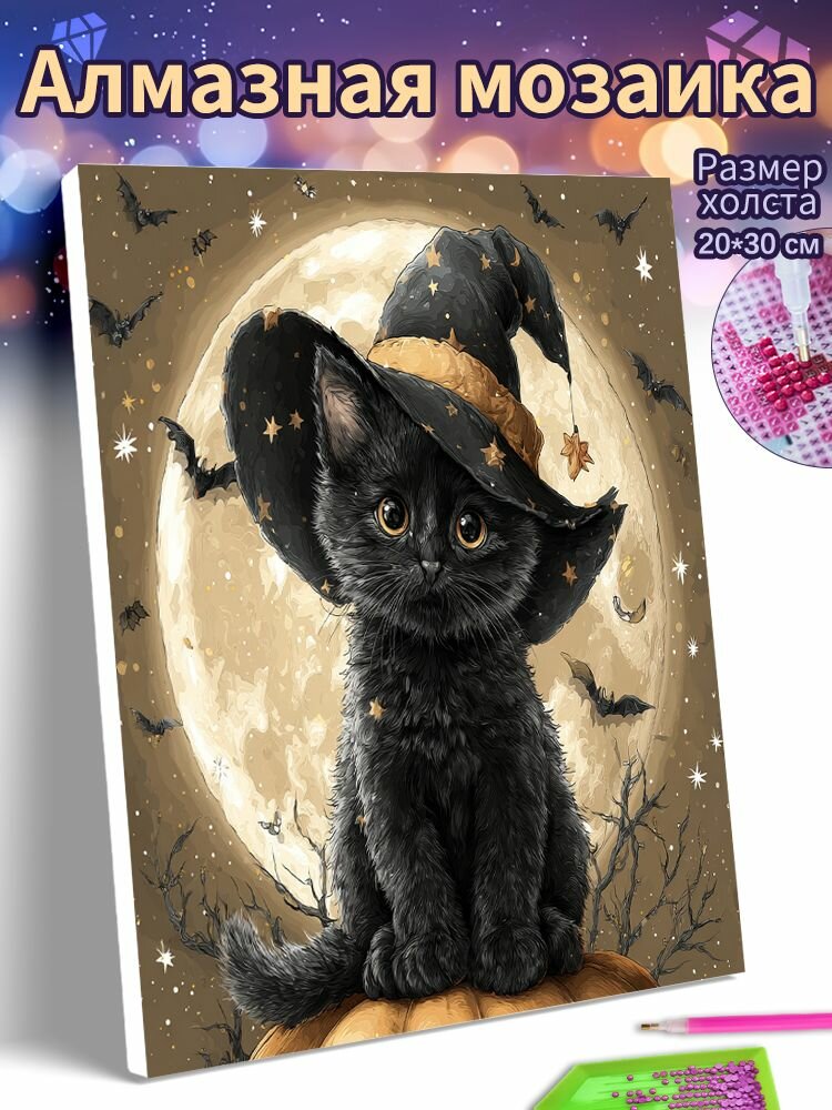Алмазная мозаика холст на подрамнике 20x30 "Черная кошка под звездами" / алмазная вышивка