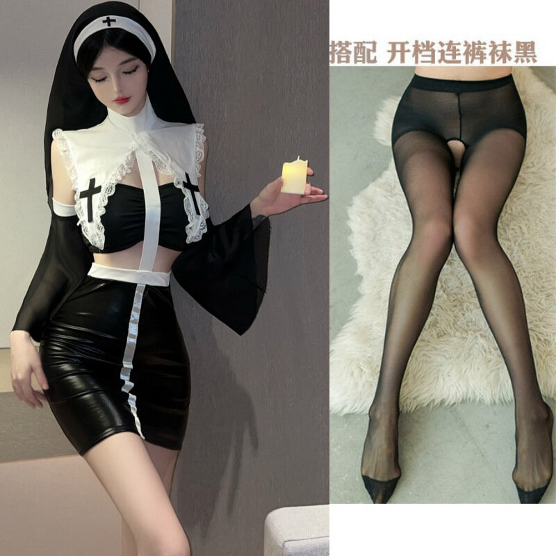 Сексуальное нижнее белье, костюм для косплея в стиле вестерн на Хэллоуин, темный кожаный наряд монахини. 1378. Костюм включает в себя: вуаль, топ-бандо, кожаную юбку, 2 рукава и черные чулки размера 1.