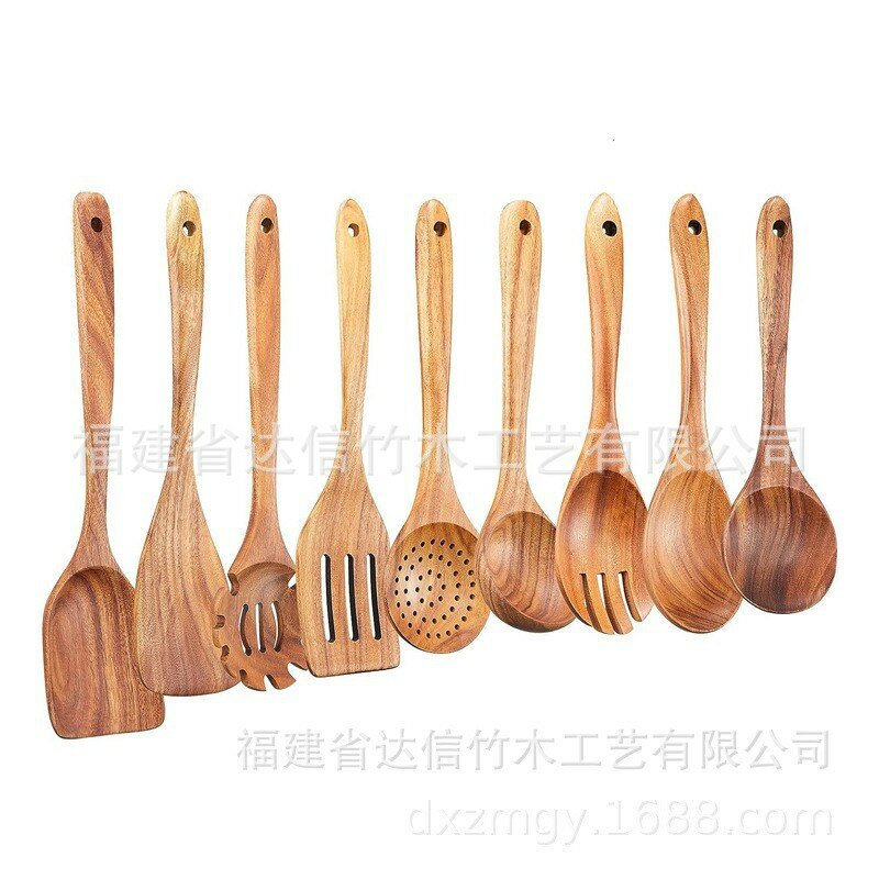 Набор для приготовления пищи из акации, кухонные принадлежности, лопатка с длинной ручкой, овощная лопатка, лопатка из массива дерева, ложка, вилка, набор из 10 предметов для антипригарной сковороды