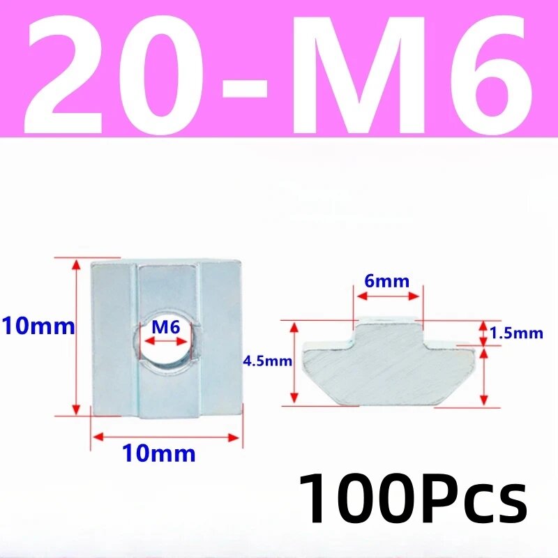 100шт Скользящие гайки M6 10x10 мм