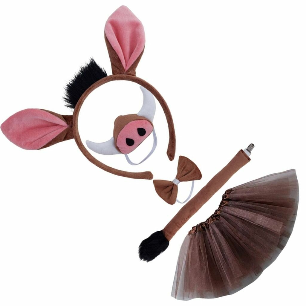 (1 комплект) Комплект для косплея с изображением мультяшного животного бородавочника-поросячьи ушки, кофейная газовая юбка из четырех частей