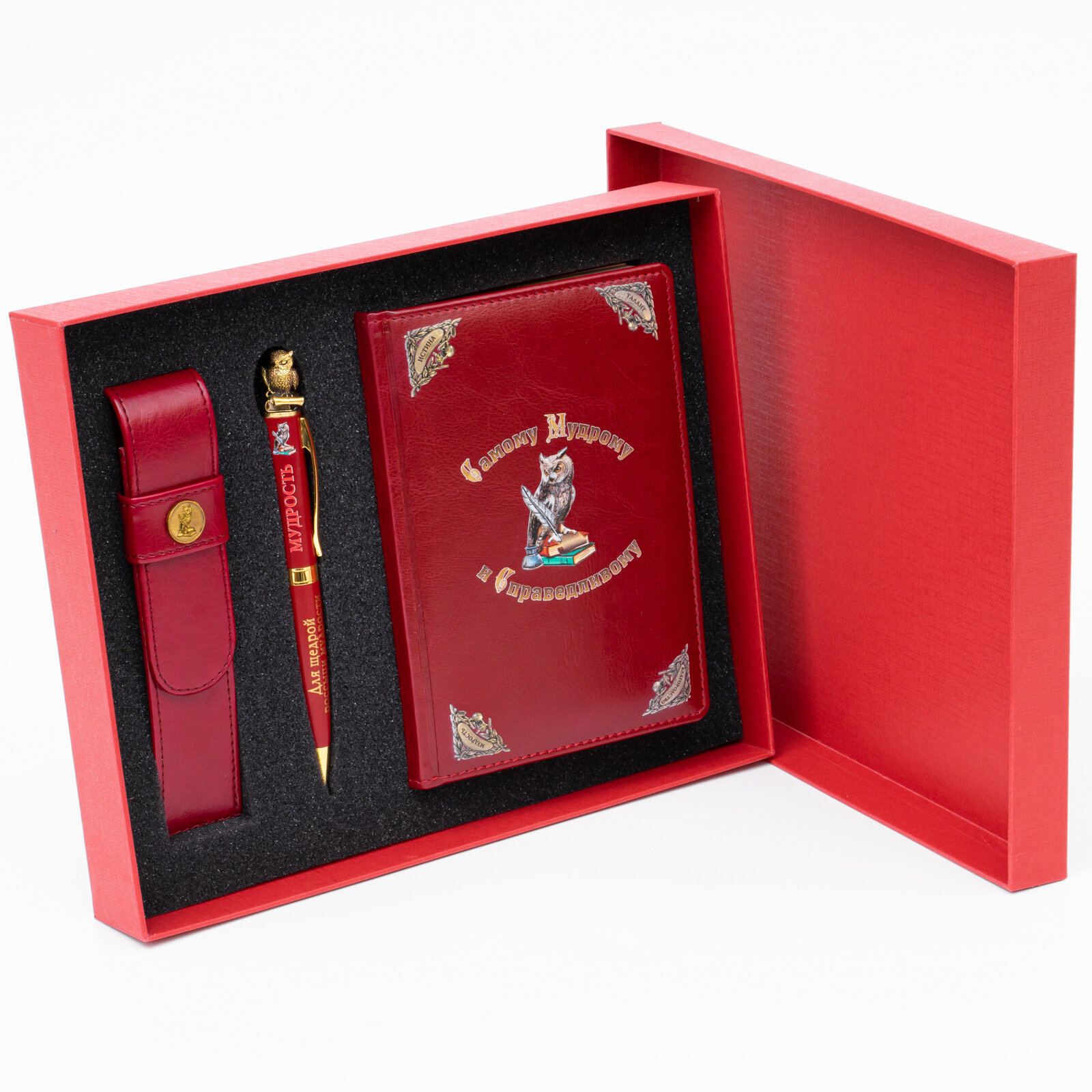 Ручка «Сова» с блокнотом и чехлом в футляре, красная РБЧ-01К-сова