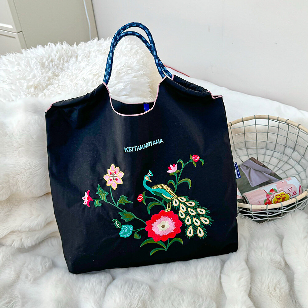 Японский стиль, ручная работа, сумка с шариковой цепочкой, экологичная сумка для покупок, нейлоновая ткань, вышитый цветок, ручная сумка из холста, нейлоновая сумка для покупок