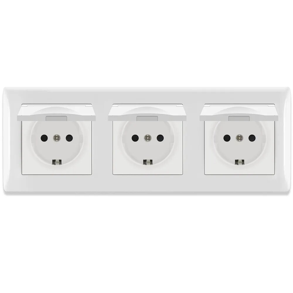 Розетка BSEED тройная влагозащищенная с заземлением, c крышкой, со шторкой, с рамка PC Белая