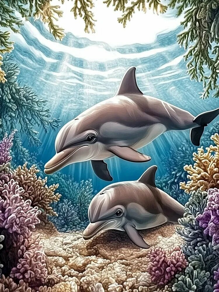 Алмазная картина "Дельфины среди кораллов", 30x40 см. Набор для творчества: дельфины, кораллы, море.
