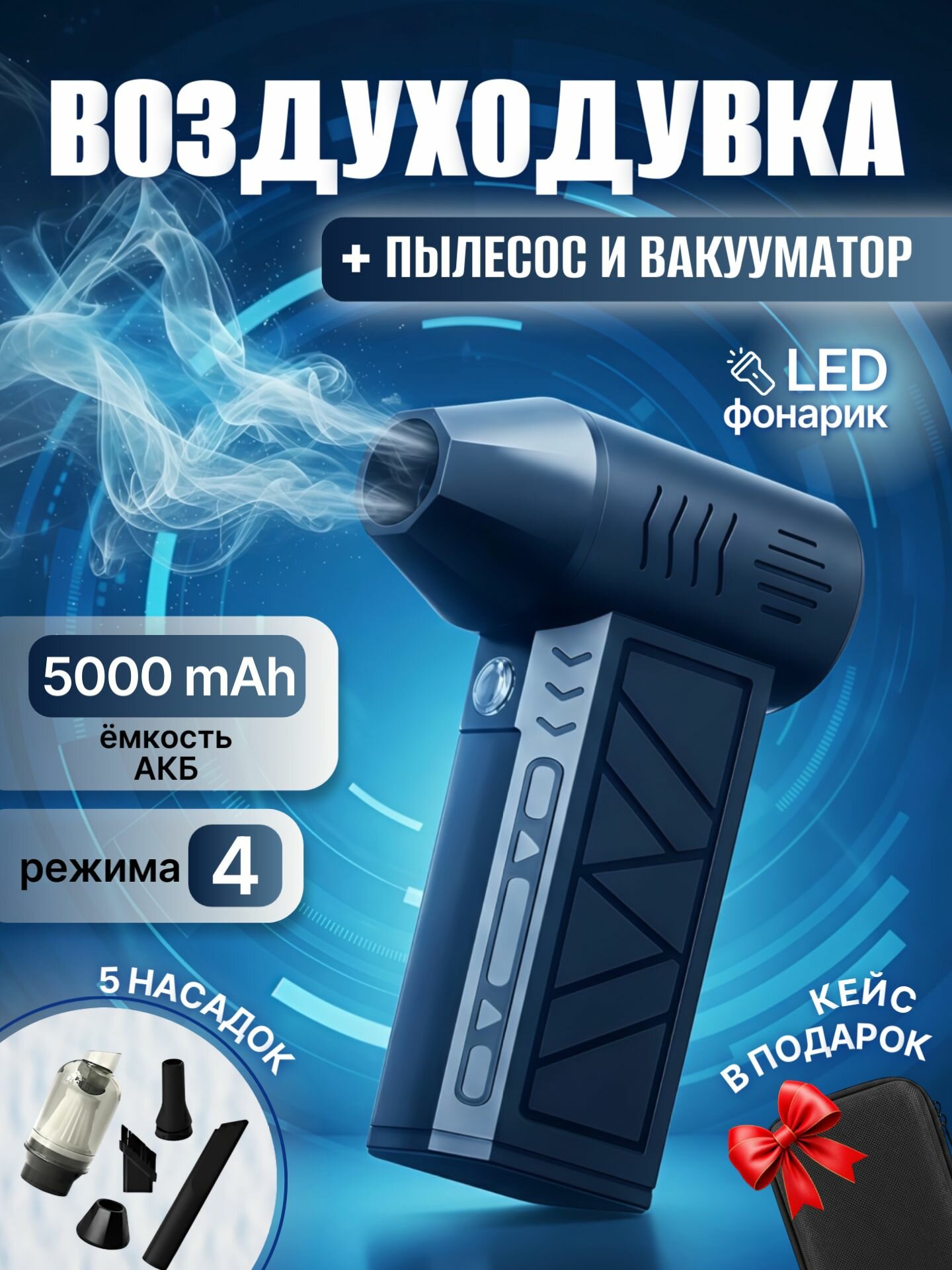 Воздуходувка 4 в 1 портативная аккумуляторная, Ветродуйка с функцией пылесоса / Воздуходуйка для компьютера, Турбовентилятор