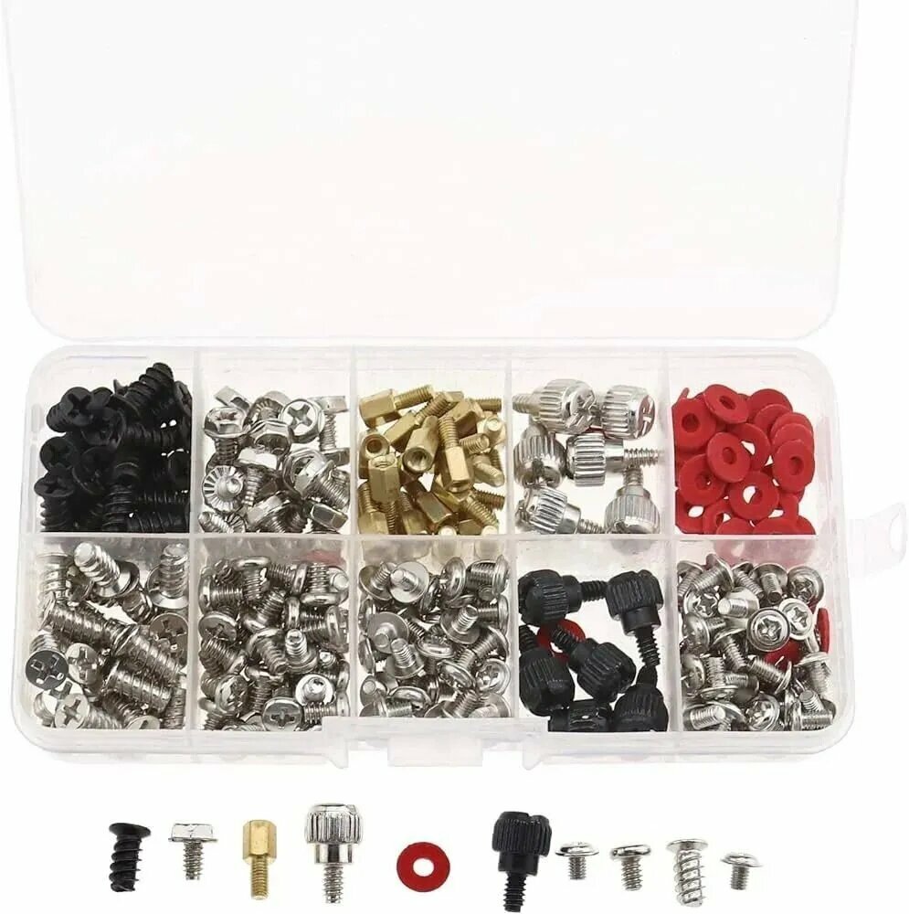 Комплект крепежа для компьютера 228 шт, набор винтов, болтов, шайб для системного блока и вентиляторов: фурнитура для ремонта ПК и крепления материнской платы