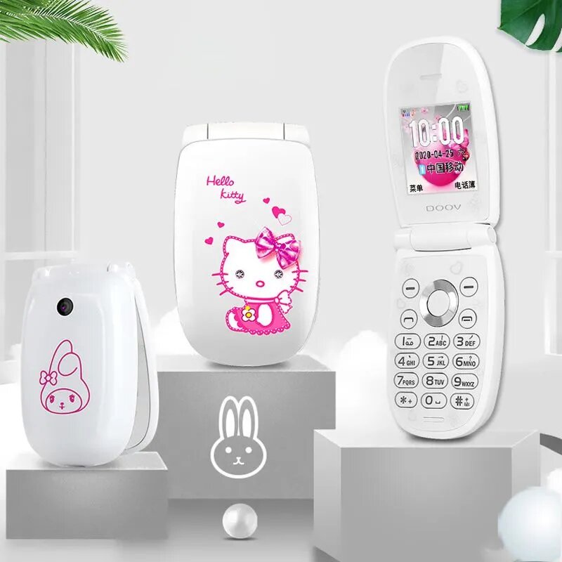 Белый мобильный телефон Hello Kitty раскладушка с экраном 1.44 дюйма и памятью 32 ГБ