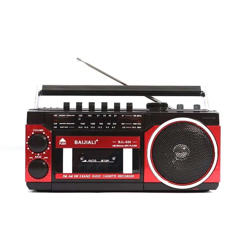 Магнитола BAIJIALI BJL-659 красный FM/AM/SW 3 band радио кассетный MP3 плеер