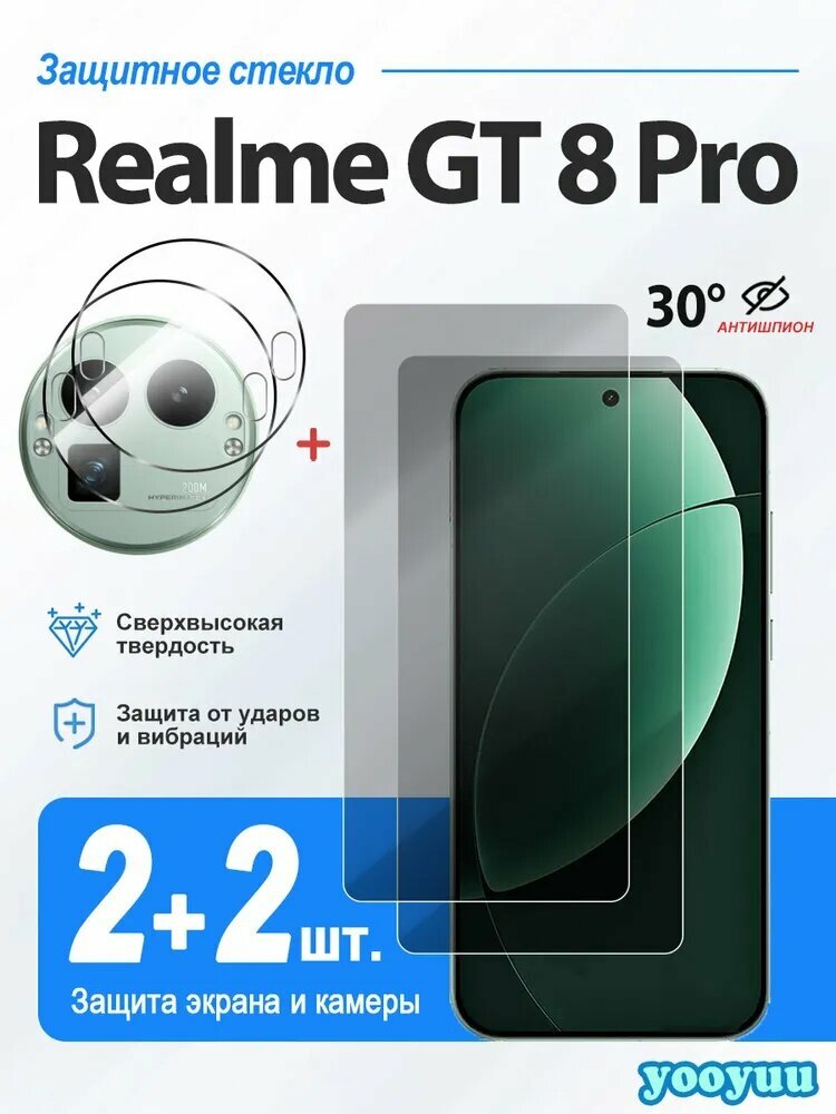 2 шт. Защитное стекло на Realme GT 8 Pro (реалме гт 8 Про), Антишпион, 9H твердость, Олеофобный слой, Защита от отпечатков