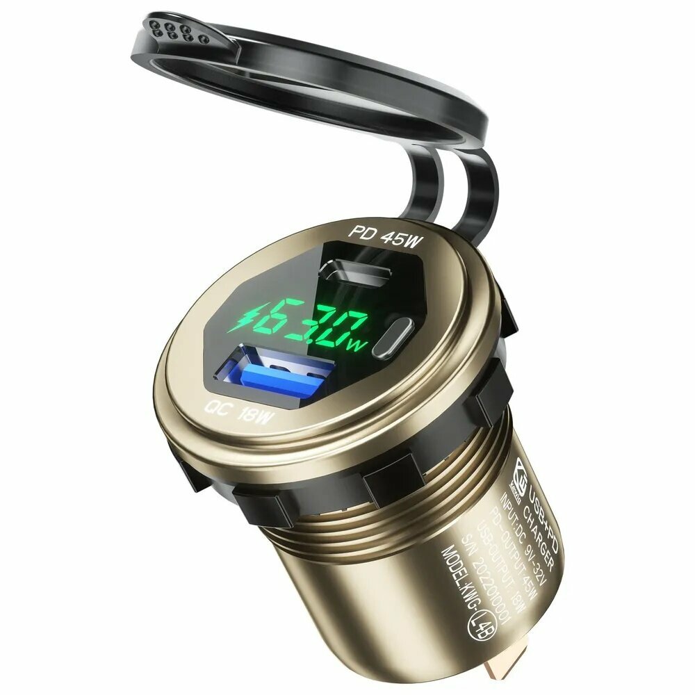 Быстрое автомобильное зарядное устройство Metal 63W QC3.0 USB + Type C USB PD с индикацией напряжения / мощности