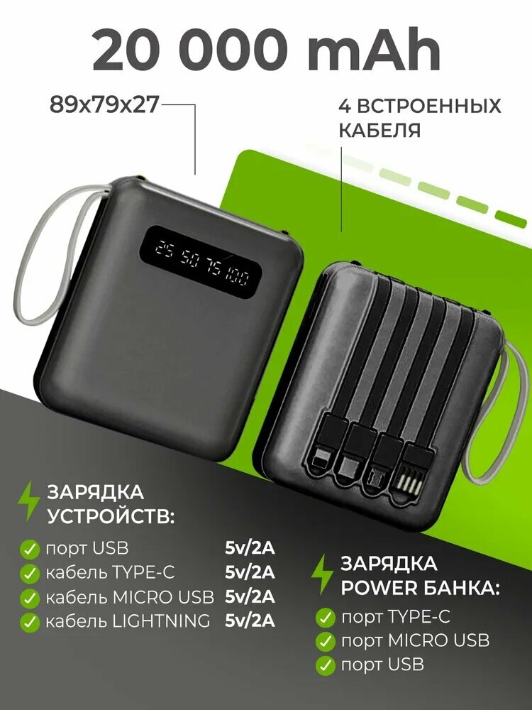 Повербанк 20000мАч, внешний, универсальная зарядка, 4 порта, чёрный