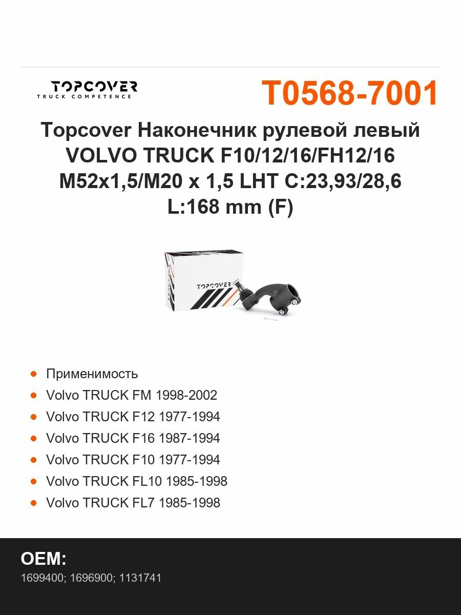 Topcover Наконечник рулевой левый VOLVO TRUCK F10/12/16/FH12/16 M52x1,5/M20 x 1,5 LHT C:23,93/28,6 L:168 mm (F)