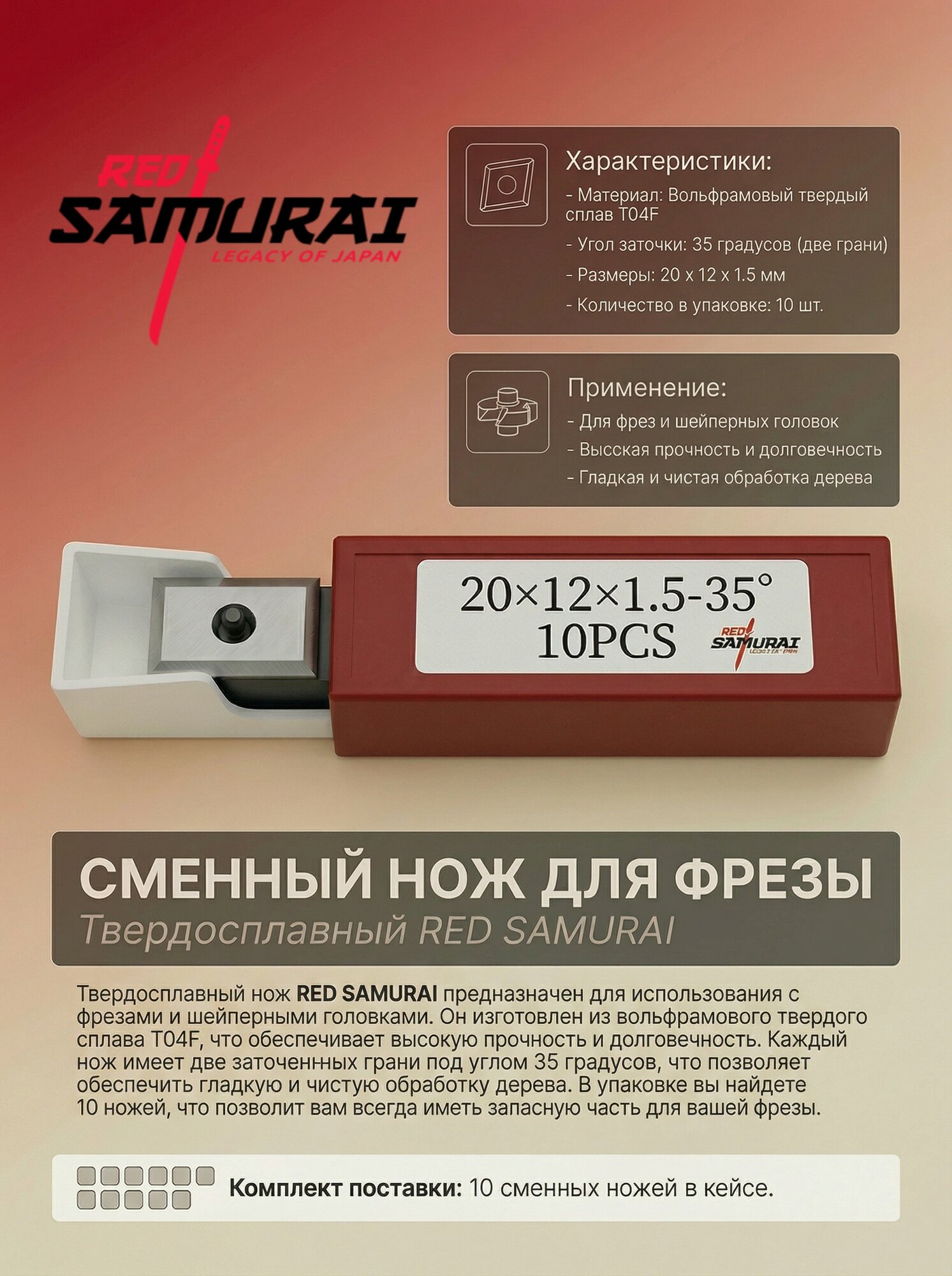 Нож сменный твердосплавный для фрез 20х12х1,5 универсальный, 10шт RED SAMURAI