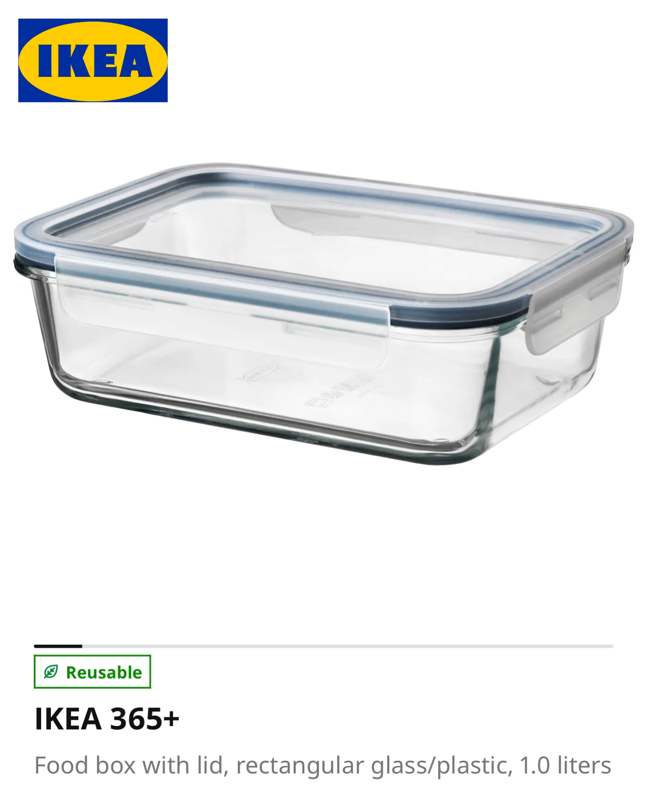 Жаропрочный стеклянный контейнер IKEA 365+, 1 л, с пластиковой крышкой, прямоугольный