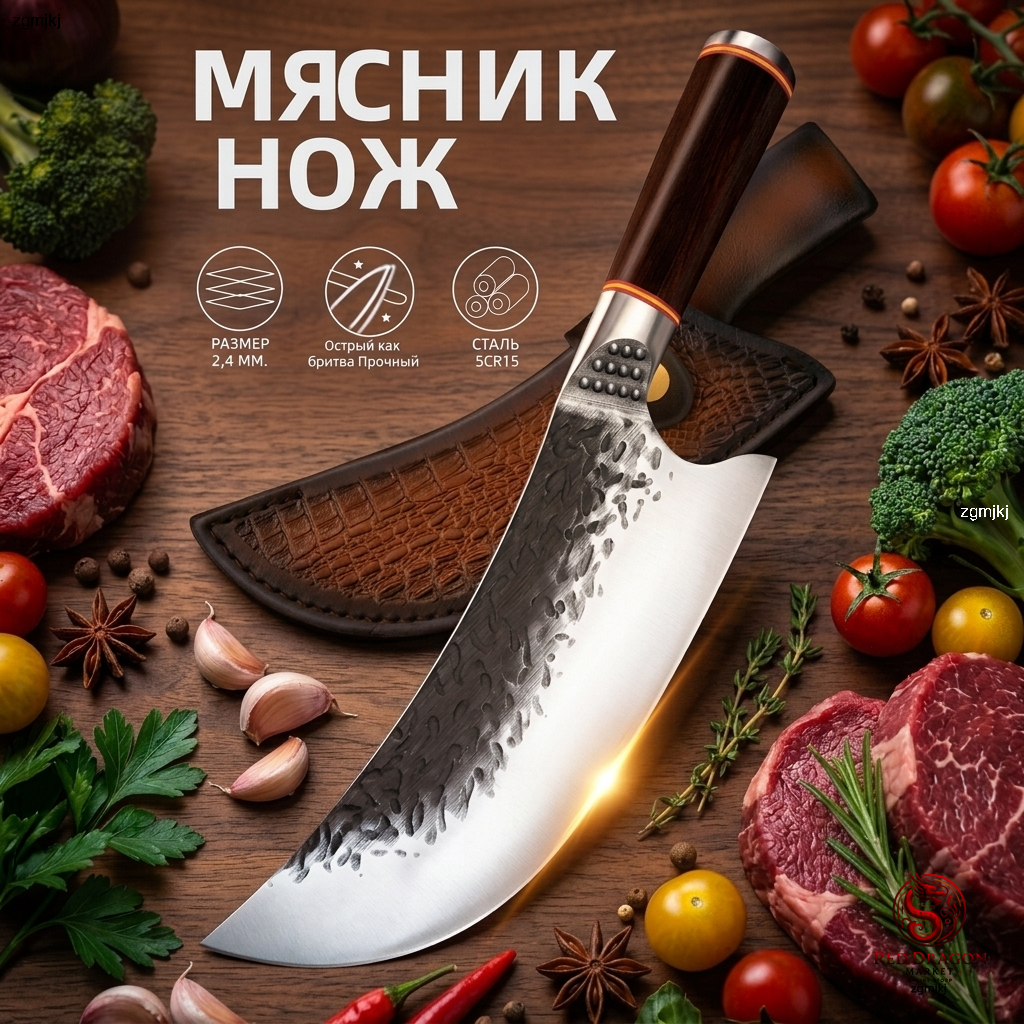 Нож для разделки ручной ковки 30.5 см с чехлом - Нож кухонный