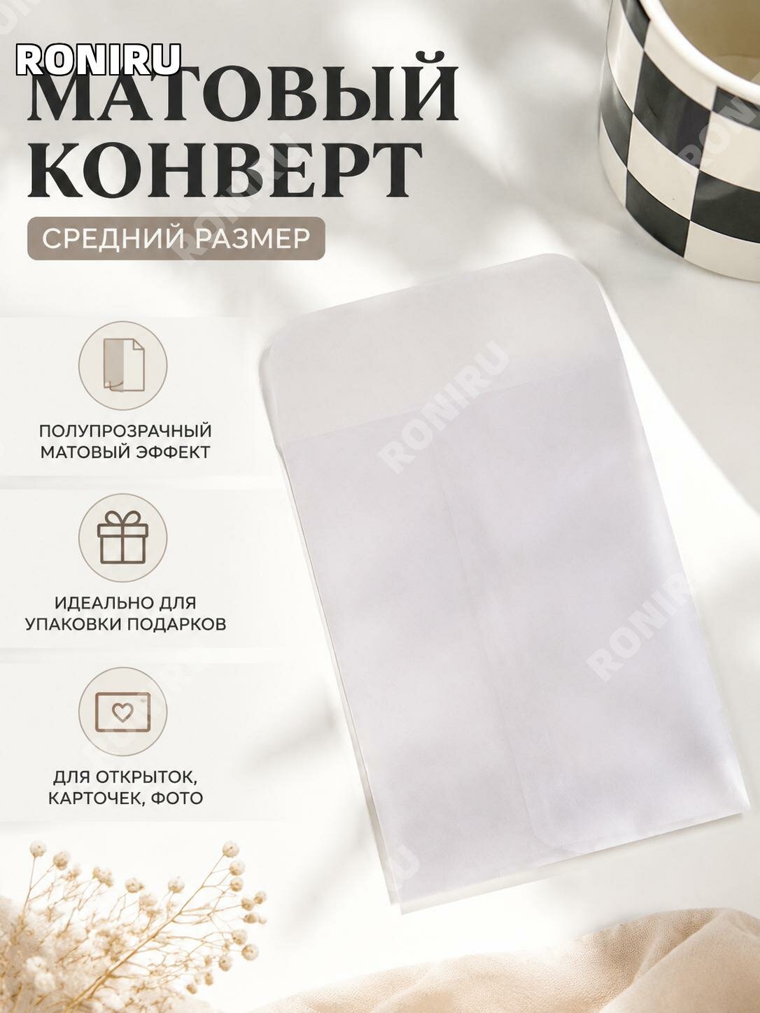Матовый полупрозрачный конверт из кальки для открыток и подарков, средний