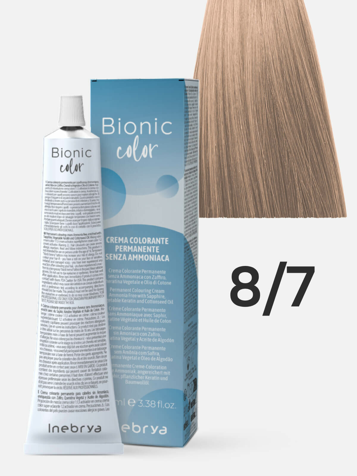 Крем - краска для волос профессиональная без аммиака Inebrya Bionic Color 8/7 Светлый русый Коричневый, 100 мл