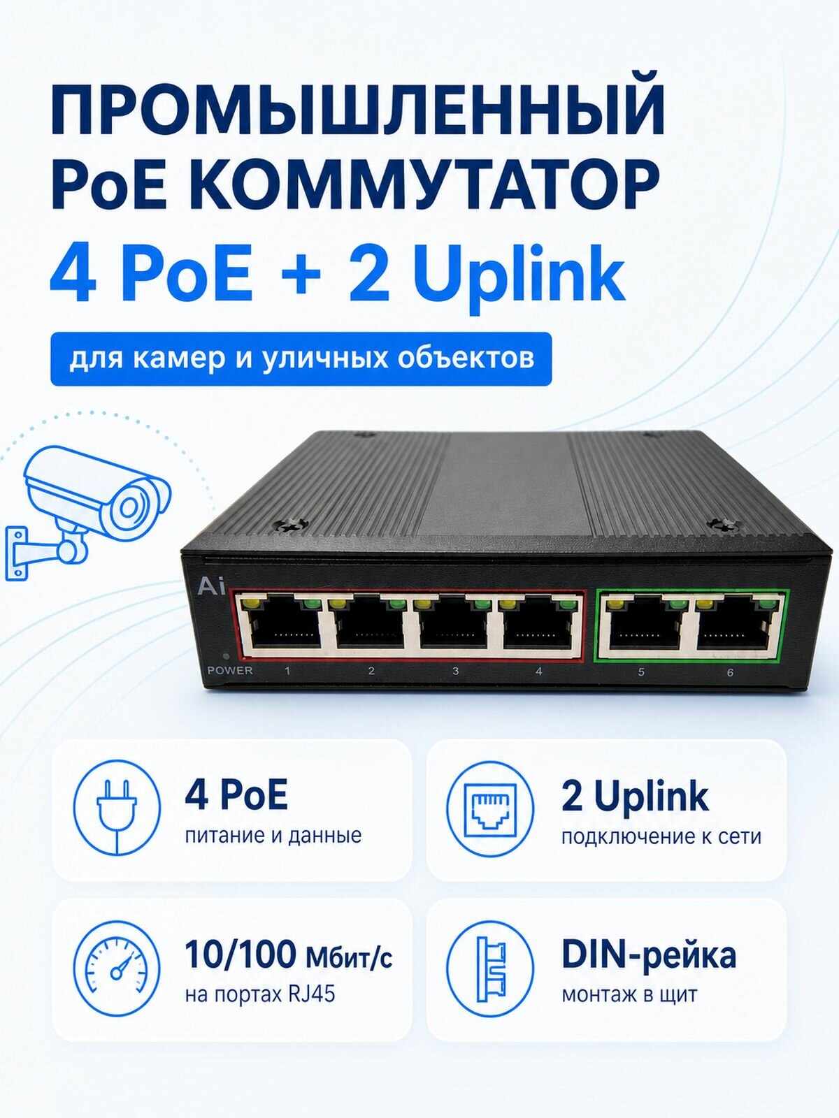 Промышленный PoE коммутатор F0420FPI на 6 портов (4+2) - 4*10/100 Мбит/с