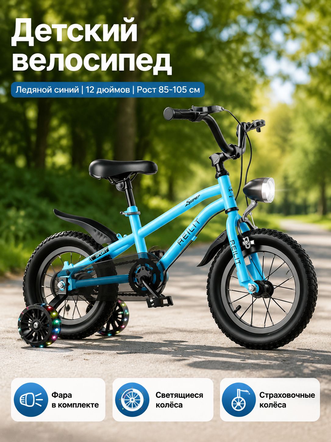 Детский велосипед с дисковыми тормозами и фарой, 12 дюймов, голубой, со светоотражающими колесами